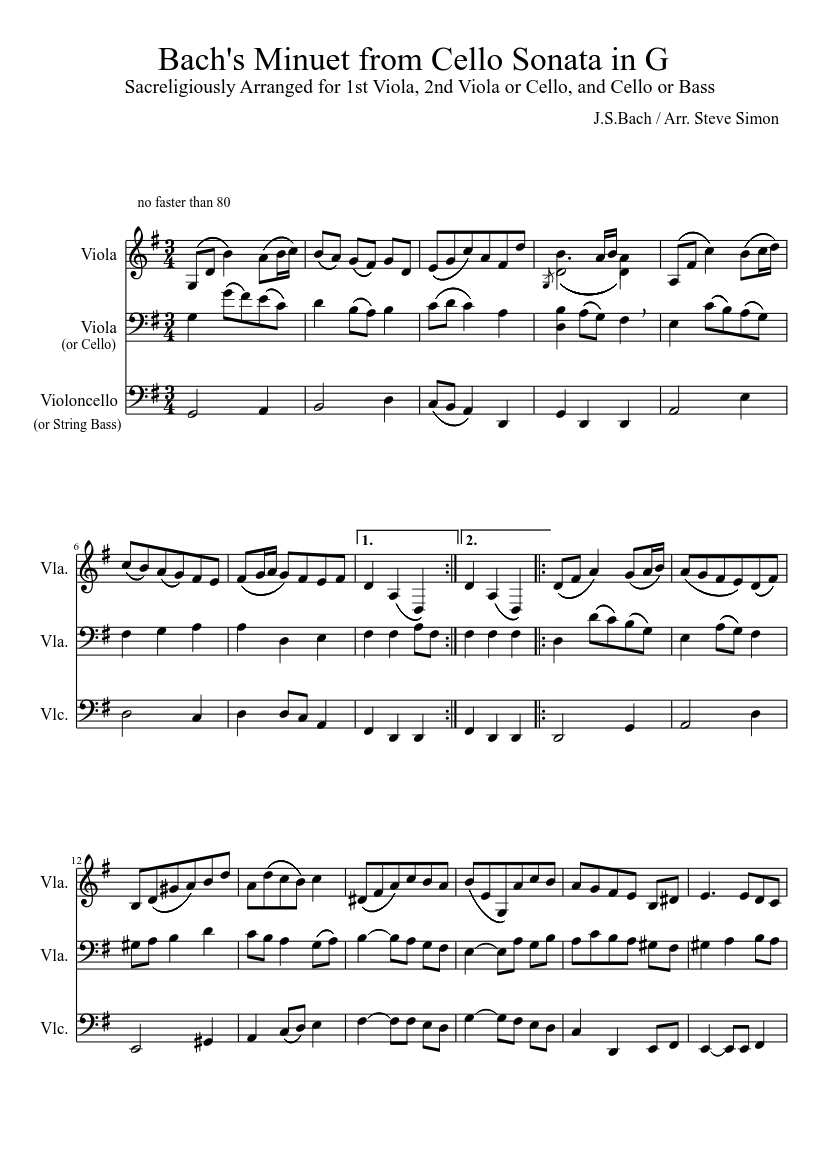 Bach Minuet Arrangement (Viola, Viola or Cello, Cello or Bass) Sheet ...
