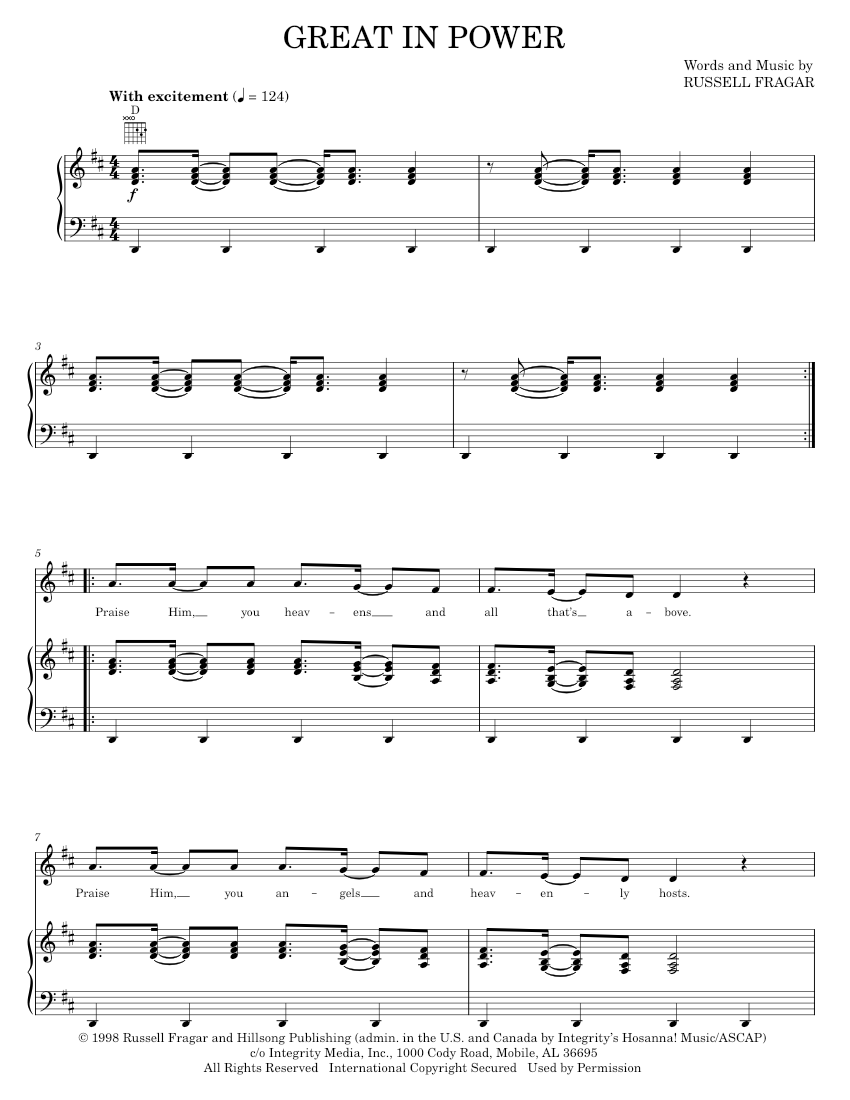 Play Official version of Great in power sheet music by Russell Fragar ...