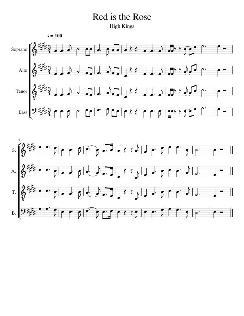 Red is the Rose Sheet music for Soprano, Alto, Tenor, Bass voice ...