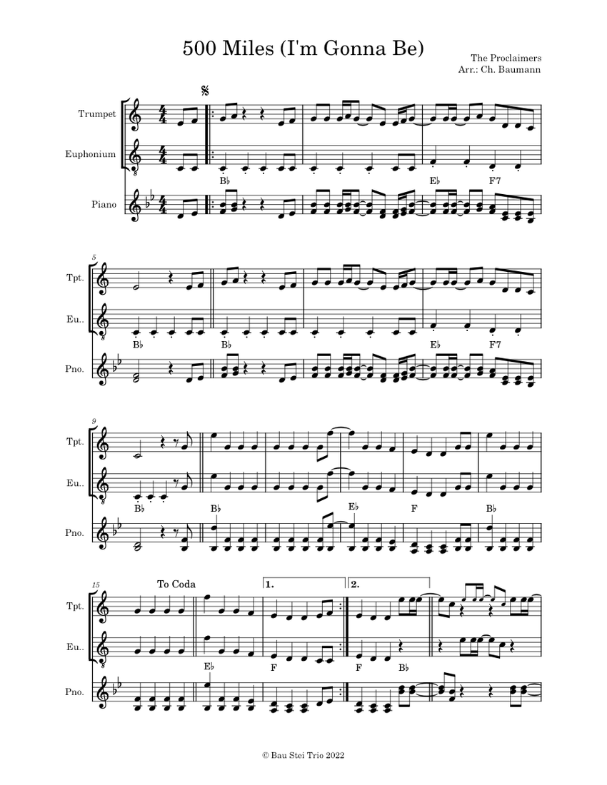Im gonna be 500 miles – The Proclaimers Sheet music for Piano, Trombone, Trumpet in b-flat ...