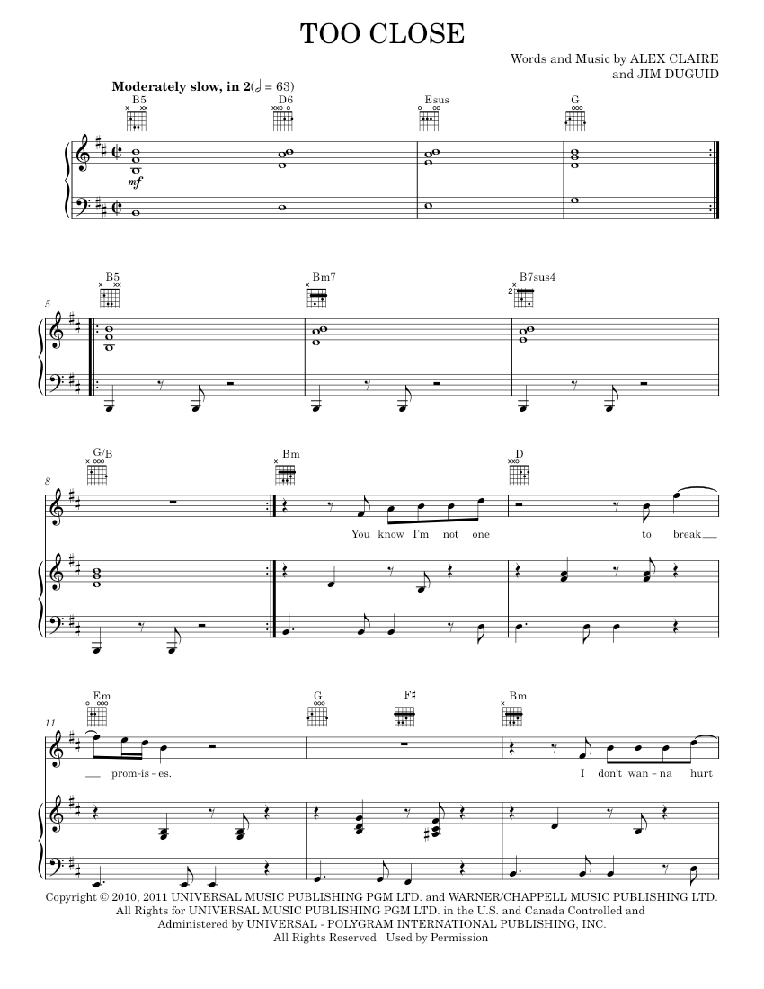 Play Official version of Too close sheet music by Alex Clare for Piano ...