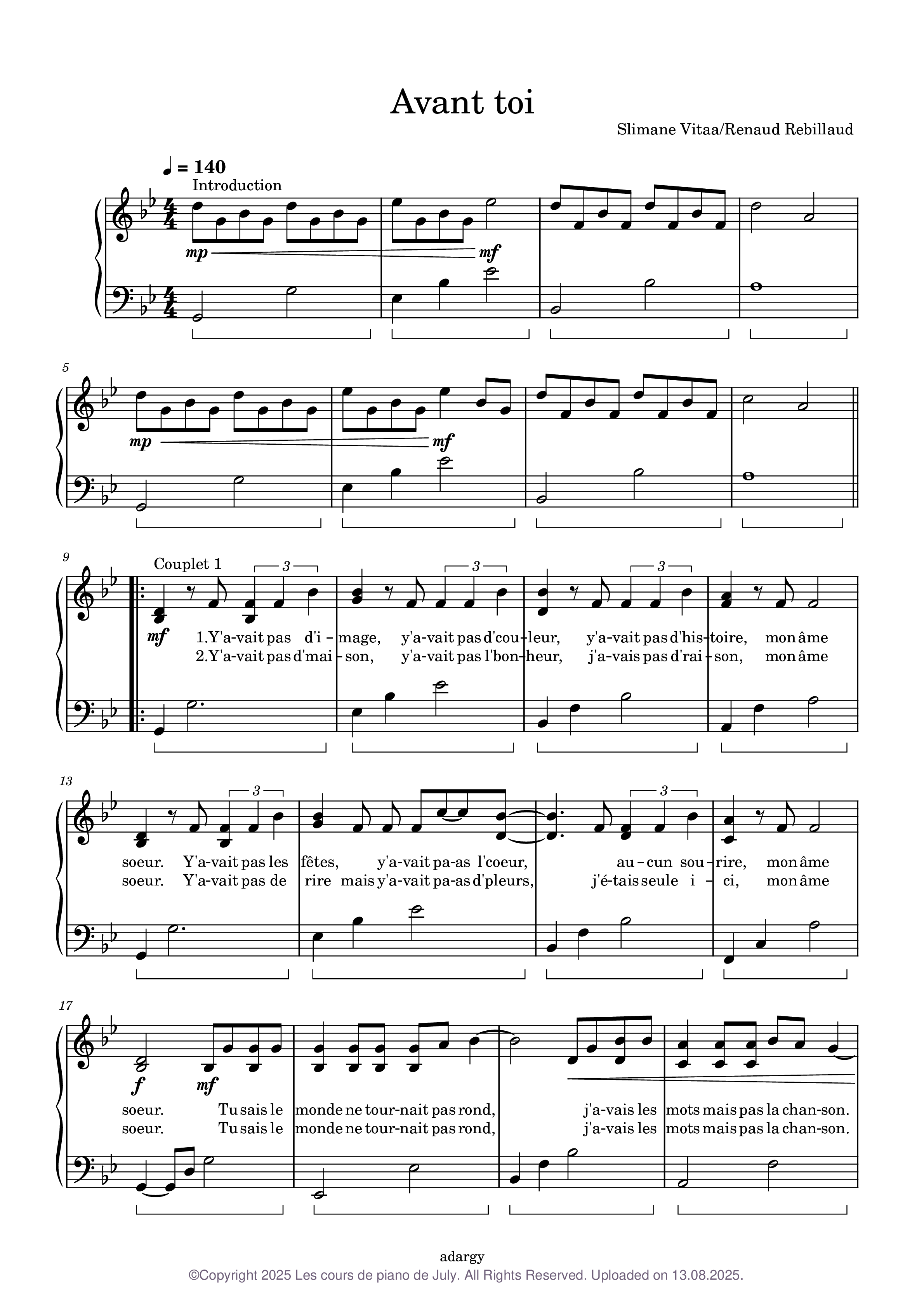 Avant toi – Vitaa & Slimane Sheet Music for Piano (Piano-Voice) Easy ...