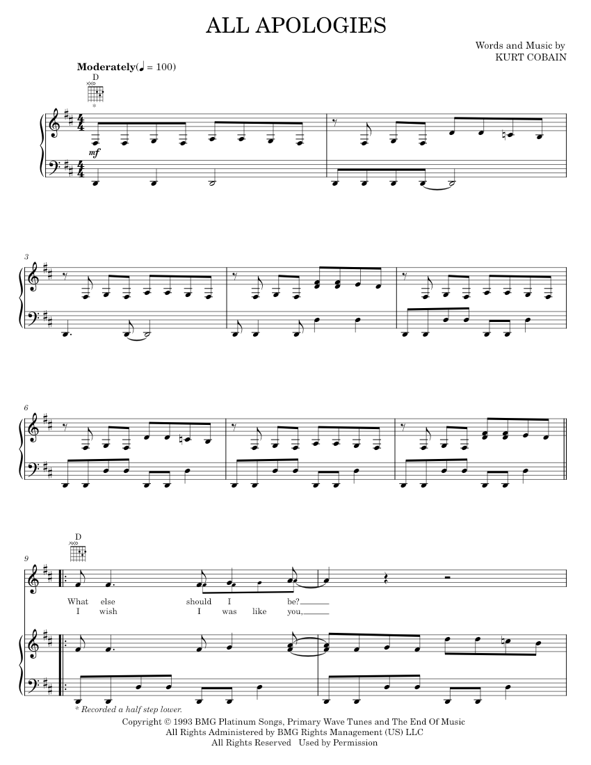 all apologies Sheet music for Piano, Vocals by Nirvana: Music Notes by ...