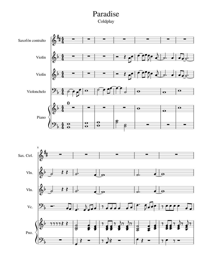Paradise Sheet music for Piano, Saxophone alto, Violin, Cello (Mixed ...