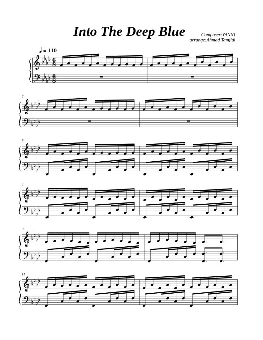 Yanni-Into The Deep Blue Sheet music for Piano (Solo) | Musescore.com
