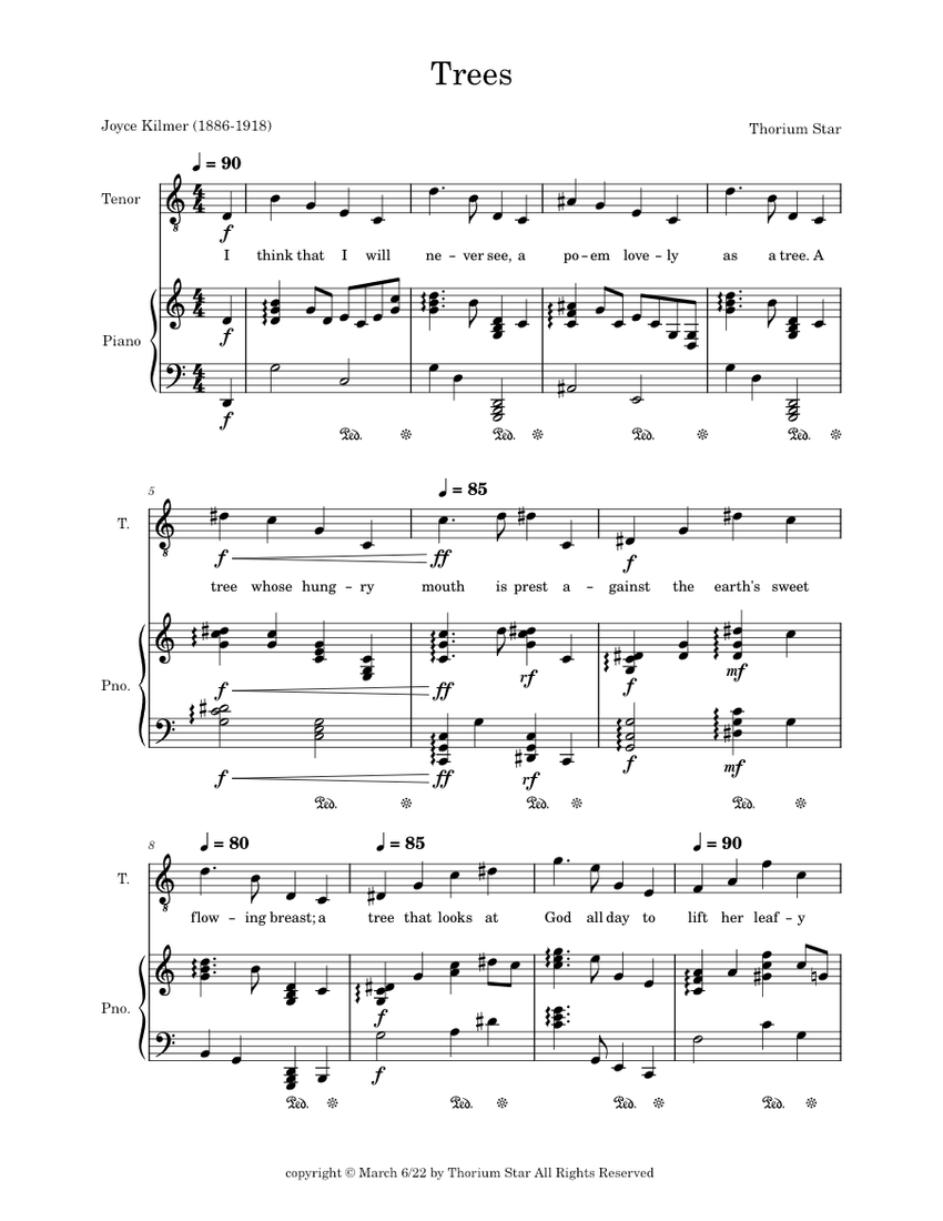 Trees Sheet music for Piano, Tenor (Piano-Voice) | Musescore.com
