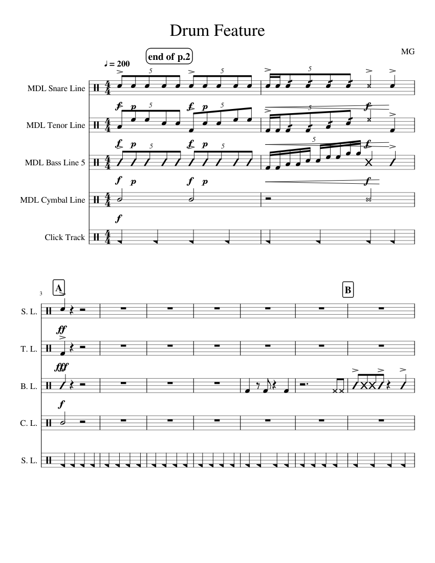Drum Feature Sheet music for Snare drum, Crash, Tenor drum, Bass drum ...