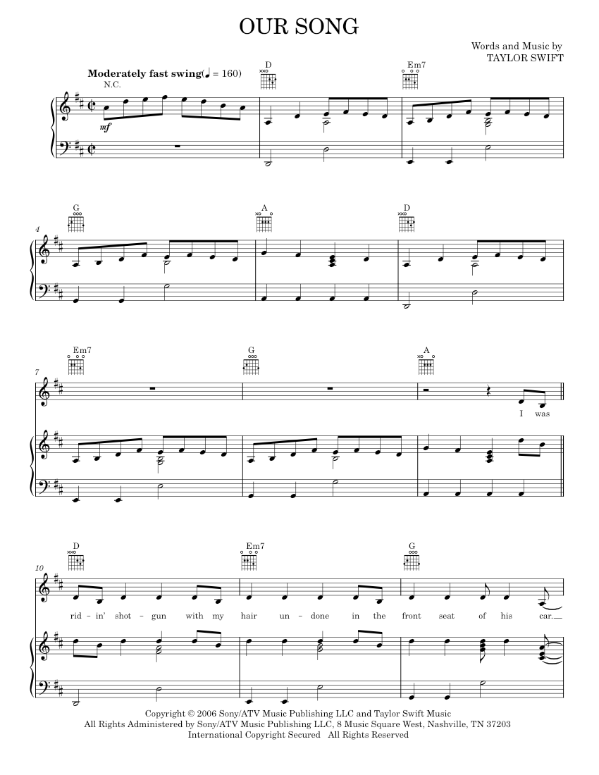 Play Official version of Our song Sheet Music by Taylor Swift for Piano ...