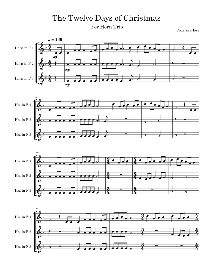 The Twelve Days of Christmas Sheet Music for French horn (Mixed Trio ...