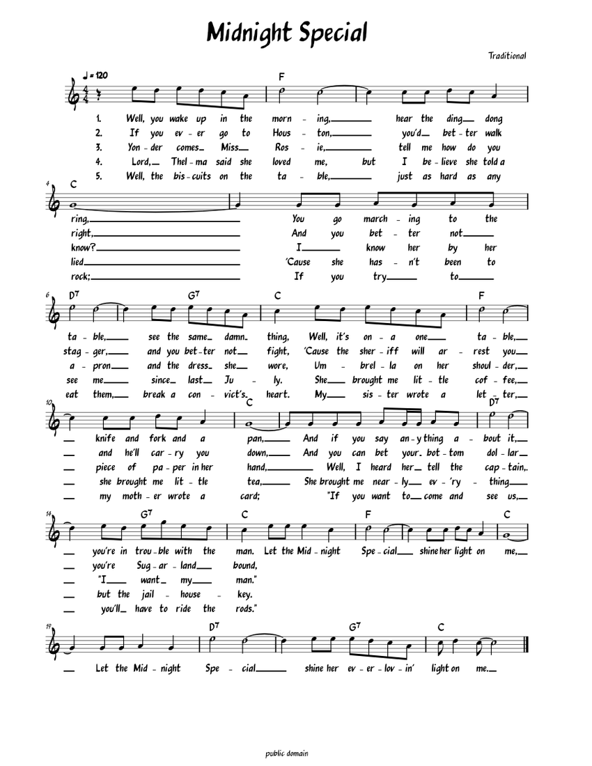 Midnight Special (Lead sheet with lyrics ) Sheet music for Piano (Solo ...
