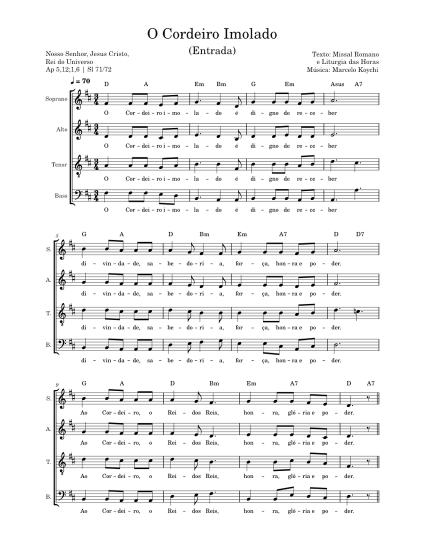 O CORDEIRO IMOLADO (CRISTO REI) Sheet music for Soprano, Alto, Tenor ...