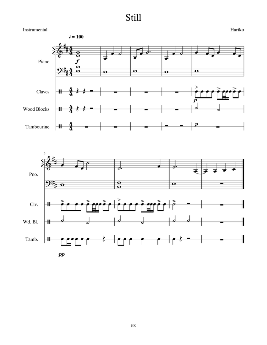 Still score part Sheet music for Piano, Tambourine, Woodblock, Claves ...