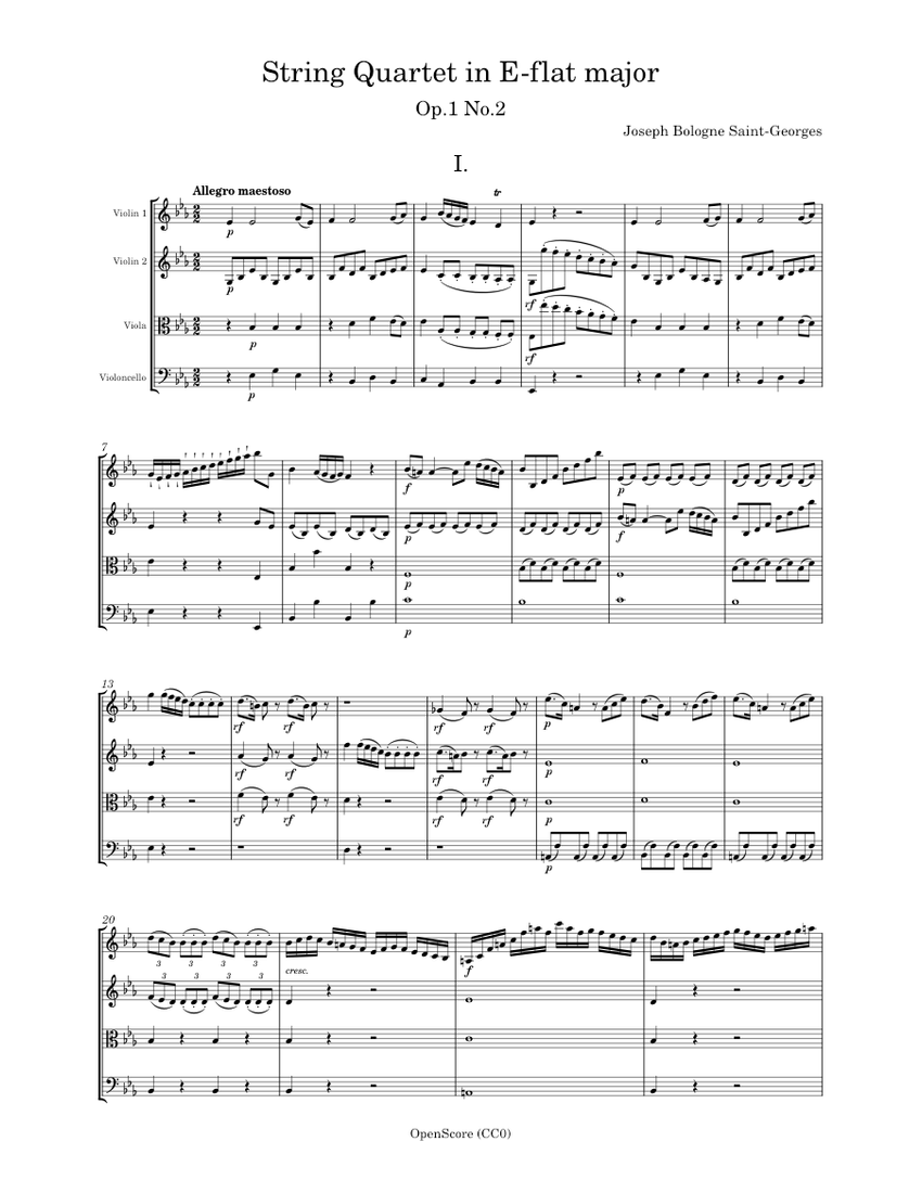 String Quartet in E-flat major, Op.1 No.2 – Joseph Bologne Saint-Georges - TEMPLATE Sheet music ...