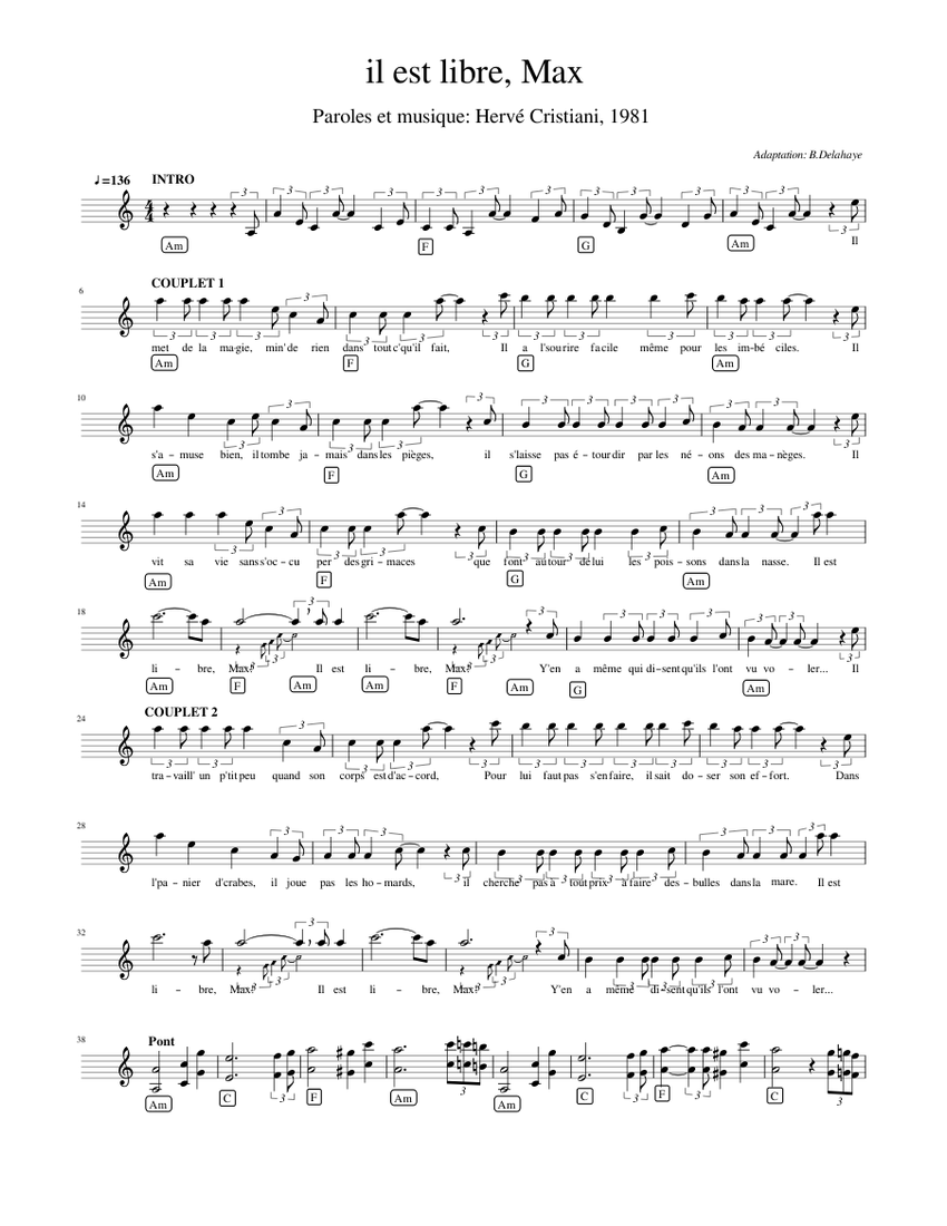 il est libre, Max Sheet music for Piano, Organ, Flute, Bass guitar ...