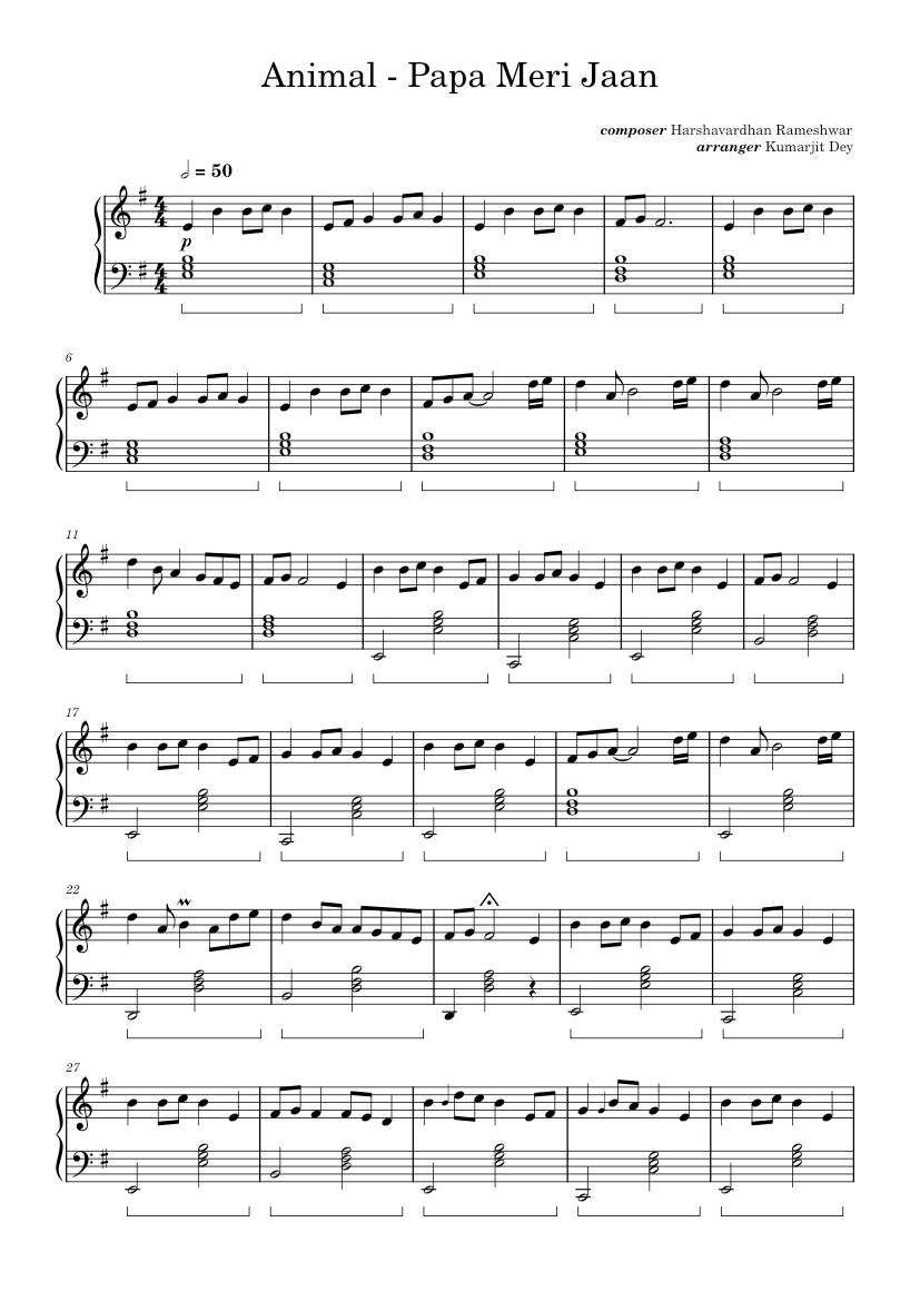 Animal - Papa Meri Jaan – Harshavardhan Rameshwar Sheet music for Piano ...