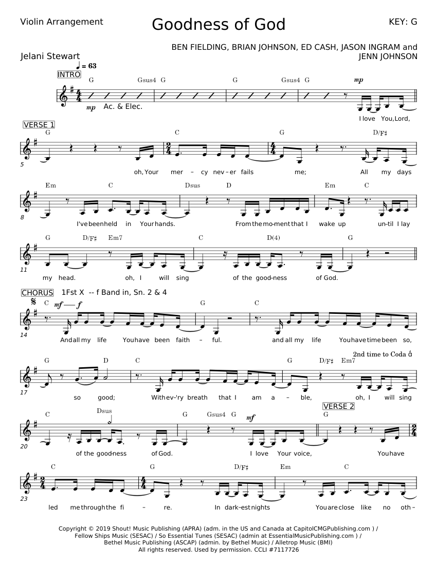 Goodness of God - Bethel Music Sheet Music with Chords for Violin (Solo ...