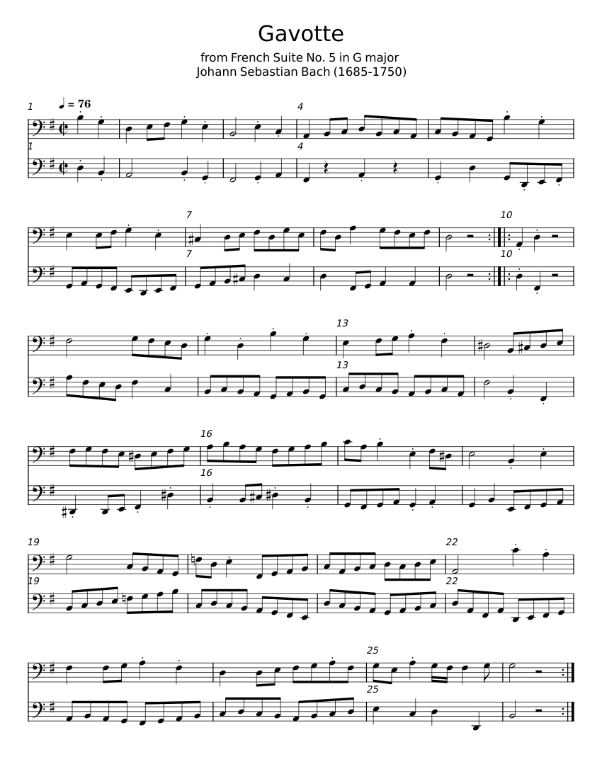 Gavotte - Johann Sebastian Bach Sheet music for Cello (String Duet ...