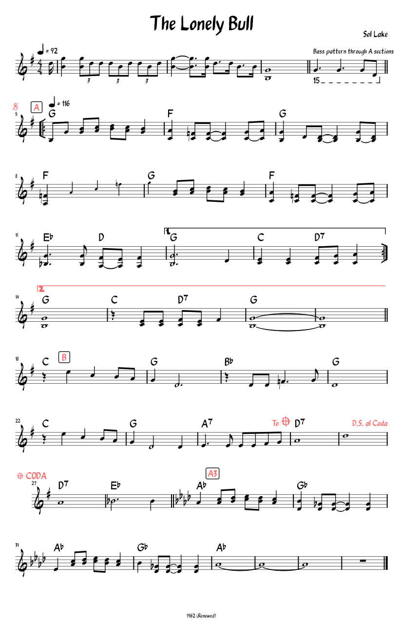 The Lonely Bull (Lead sheet ) Sheet Music with Chords for Piano (Piano ...