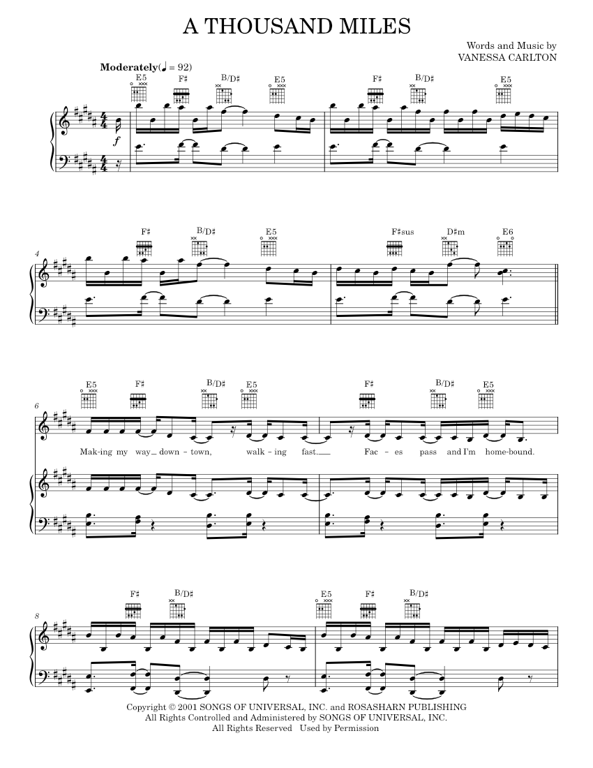 a thousand miles Sheet music for Piano, Vocals by Vanessa Carlton ...