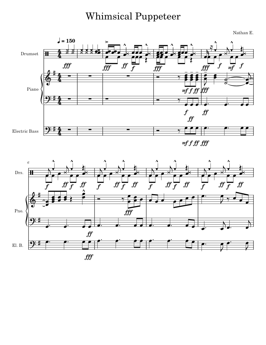 Whimsical Puppeteer Sheet music for Piano, Bass guitar, Drum group ...