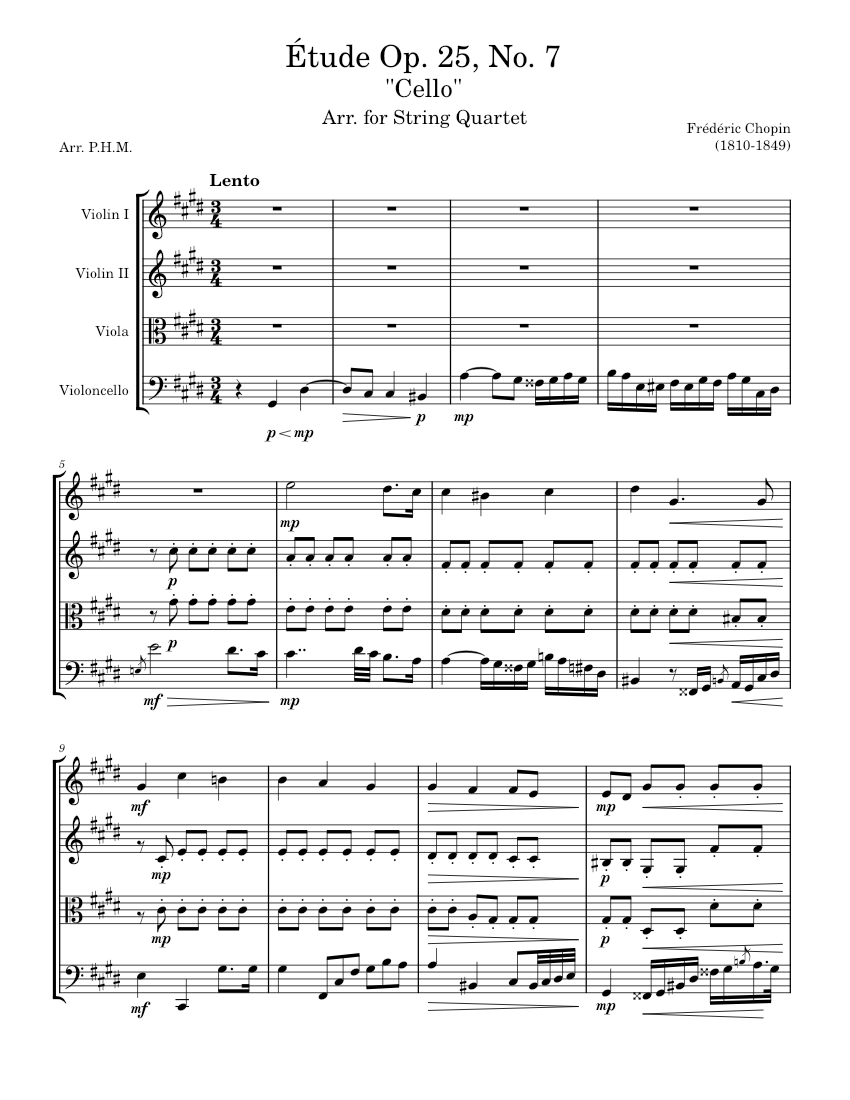 Étude Op. 25, No. 7 "Cello" - Frédéric Chopin (Arr. for String Quartet) Sheet music for Violin ...