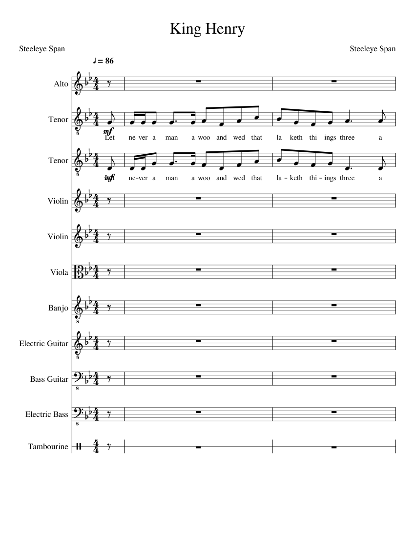 King Henry Sheet music for Alto, Tenor, Tambourine, Violin & more ...