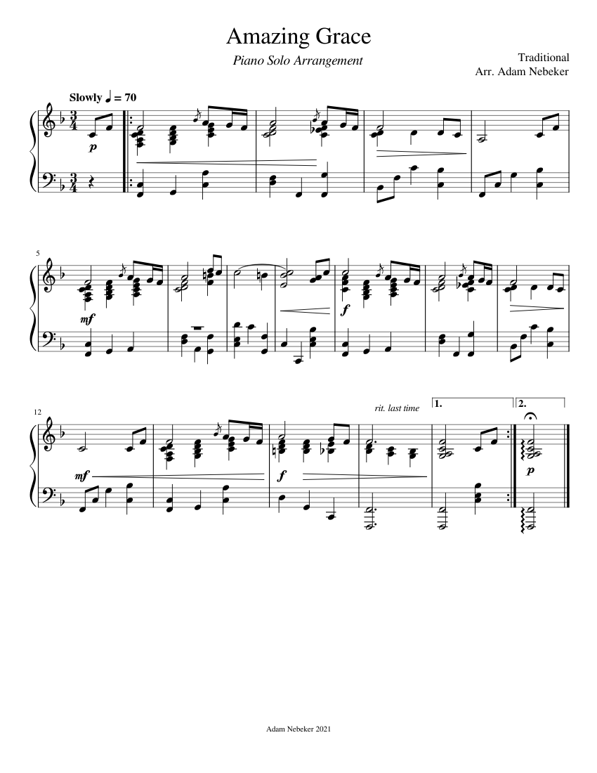 Amazing Grace – Solo Piano Arrangement Sheet Music for Piano (Solo ...