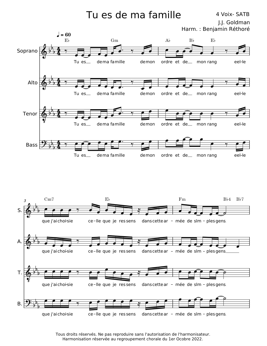 Tu es de ma famille - Jean-Jacques Goldman Sheet Music with Chords for ...