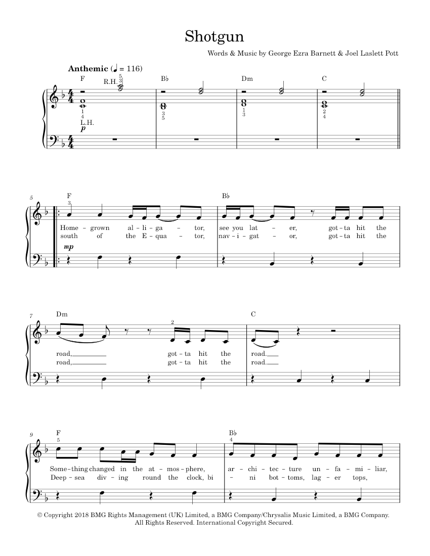 Play Official version of Shotgun sheet music by George Ezra for Piano ...