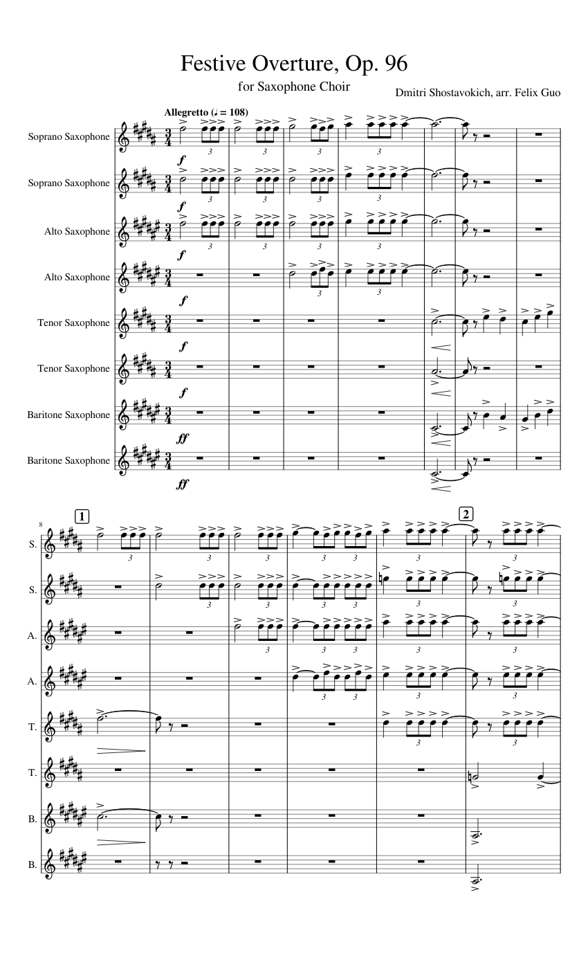Festive Overture, Op. 96, for Saxophone Choir Sheet music for Saxophone alto, Saxophone tenor ...