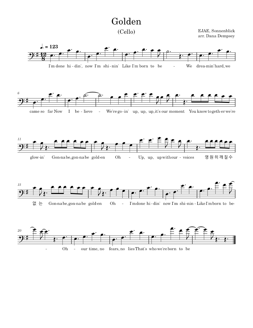Golden – HUNTR/X Sheet Music for Cello (Solo) | MuseScore.com