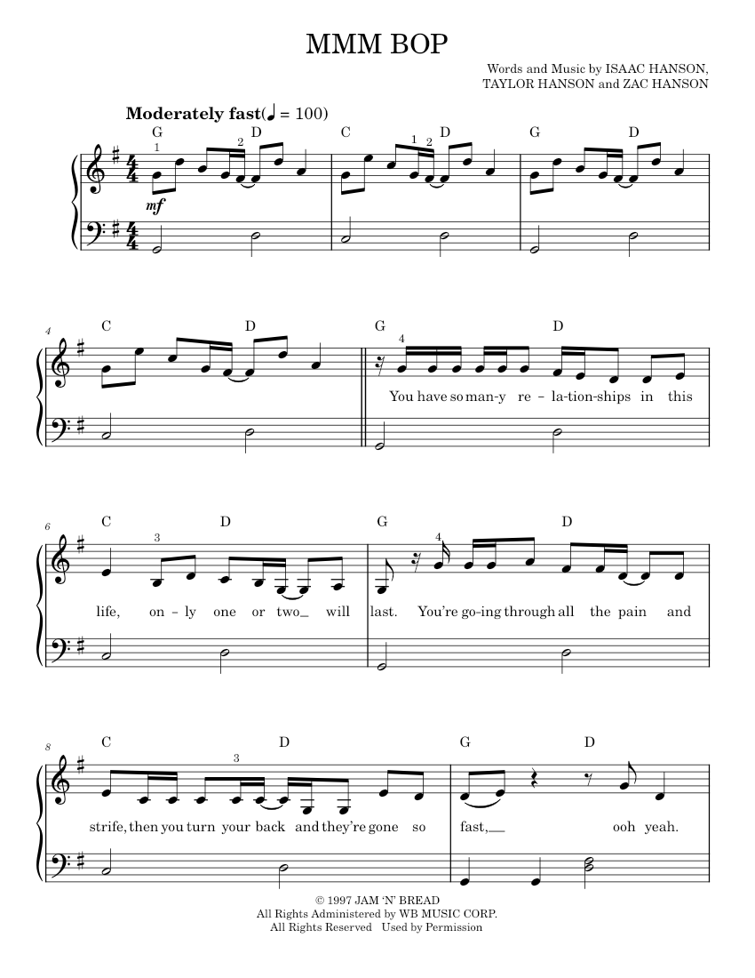 Play Official version of MMM Bop Sheet Music by Hanson for Piano ...