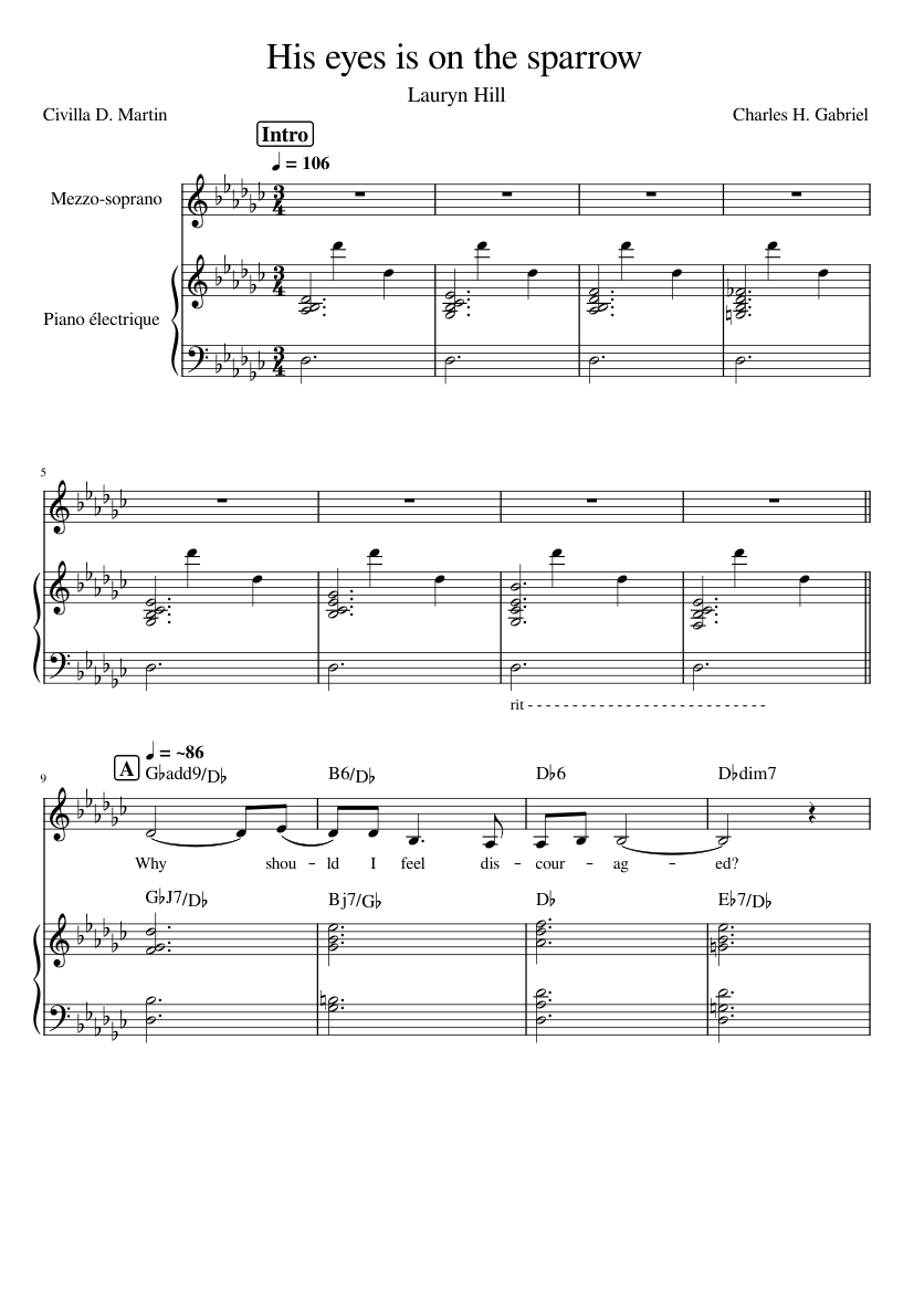 His eyes is on the sparrow - Lauryn Hill (keyboard) Sheet Music with Chords for Piano ...