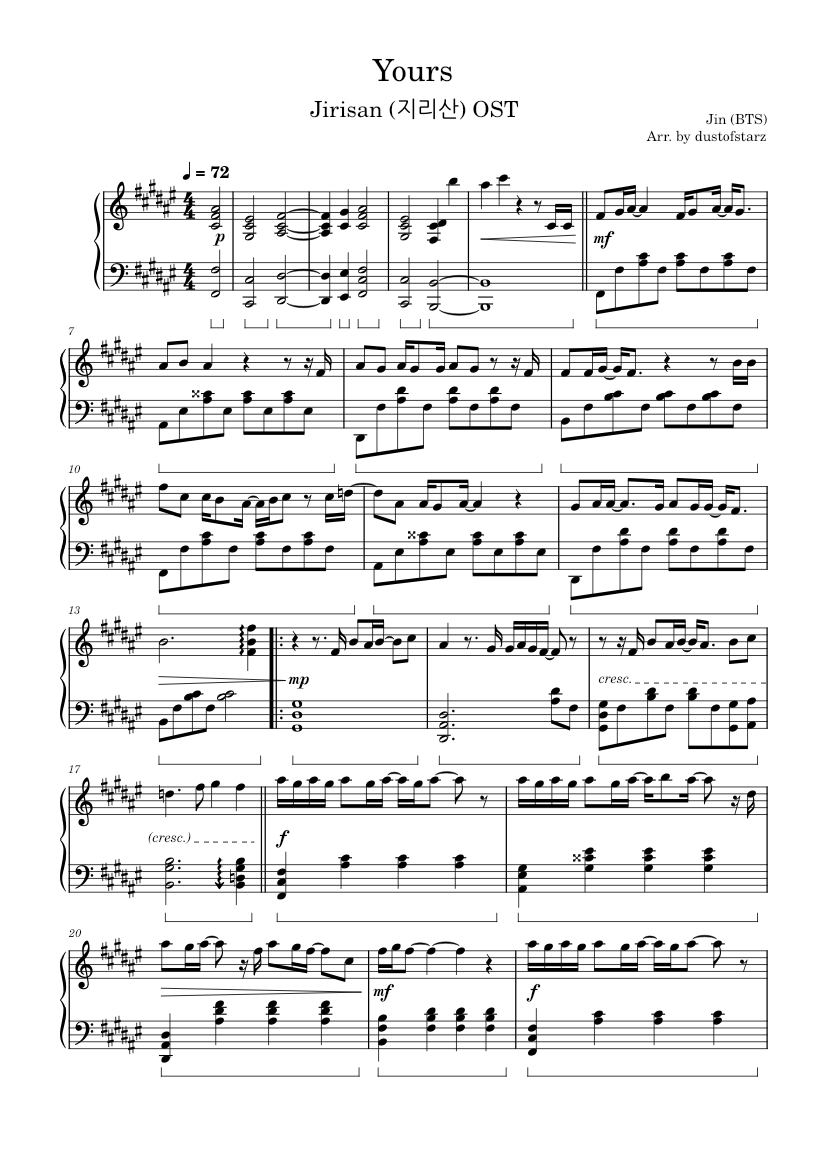 Yours – Jin (BTS) (Jirisan OST) Sheet Music for Piano (Solo) | MuseScore.com