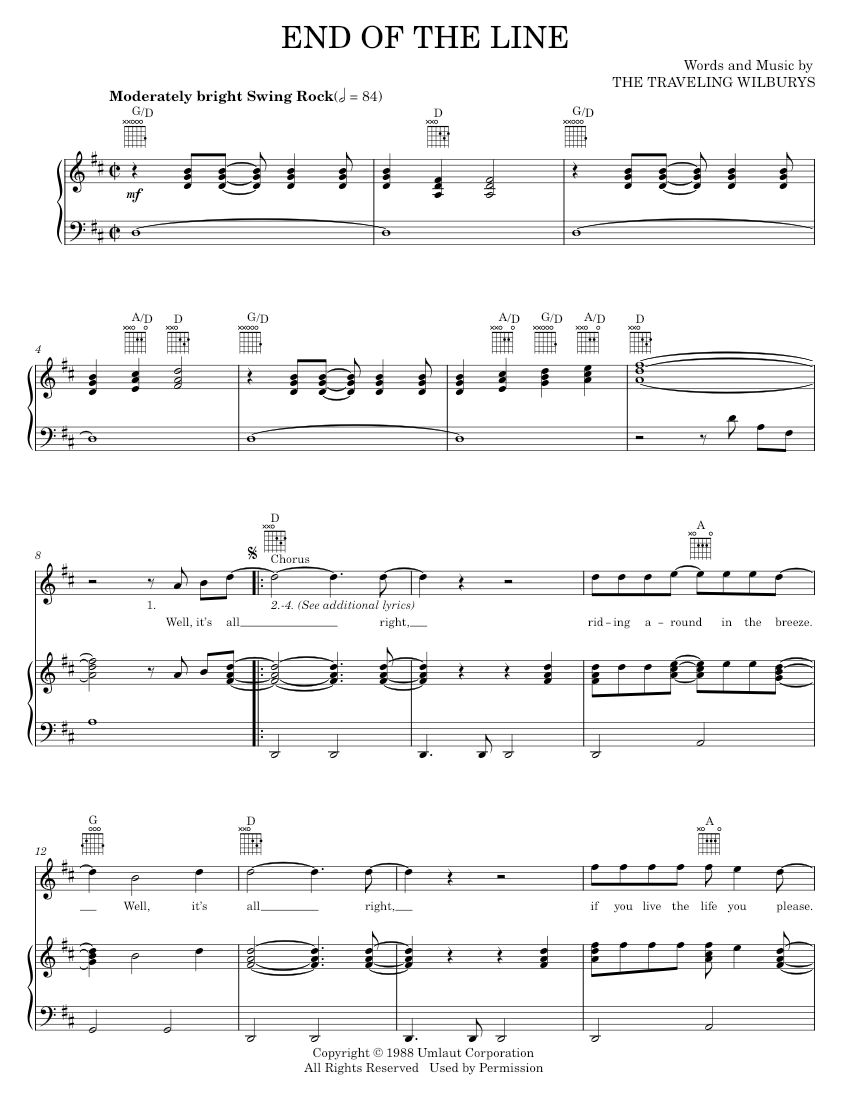 Play Official version of End Of The Line Sheet Music by Bob Dylan ...
