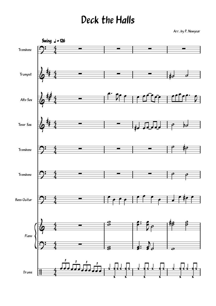 Deck the Halls Sheet Music for Piano, Trombone, Saxophone alto ...
