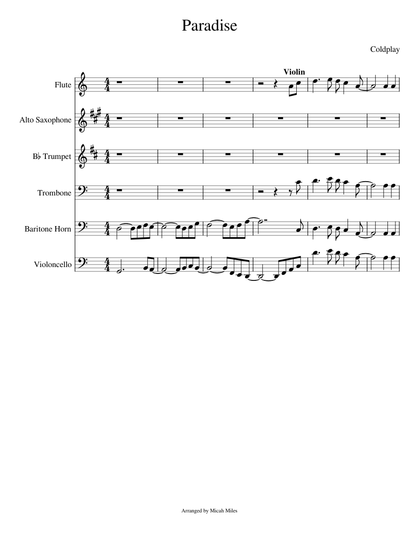 Paradise Sheet music for Trombone, Flute, Saxophone alto, Trumpet in b ...