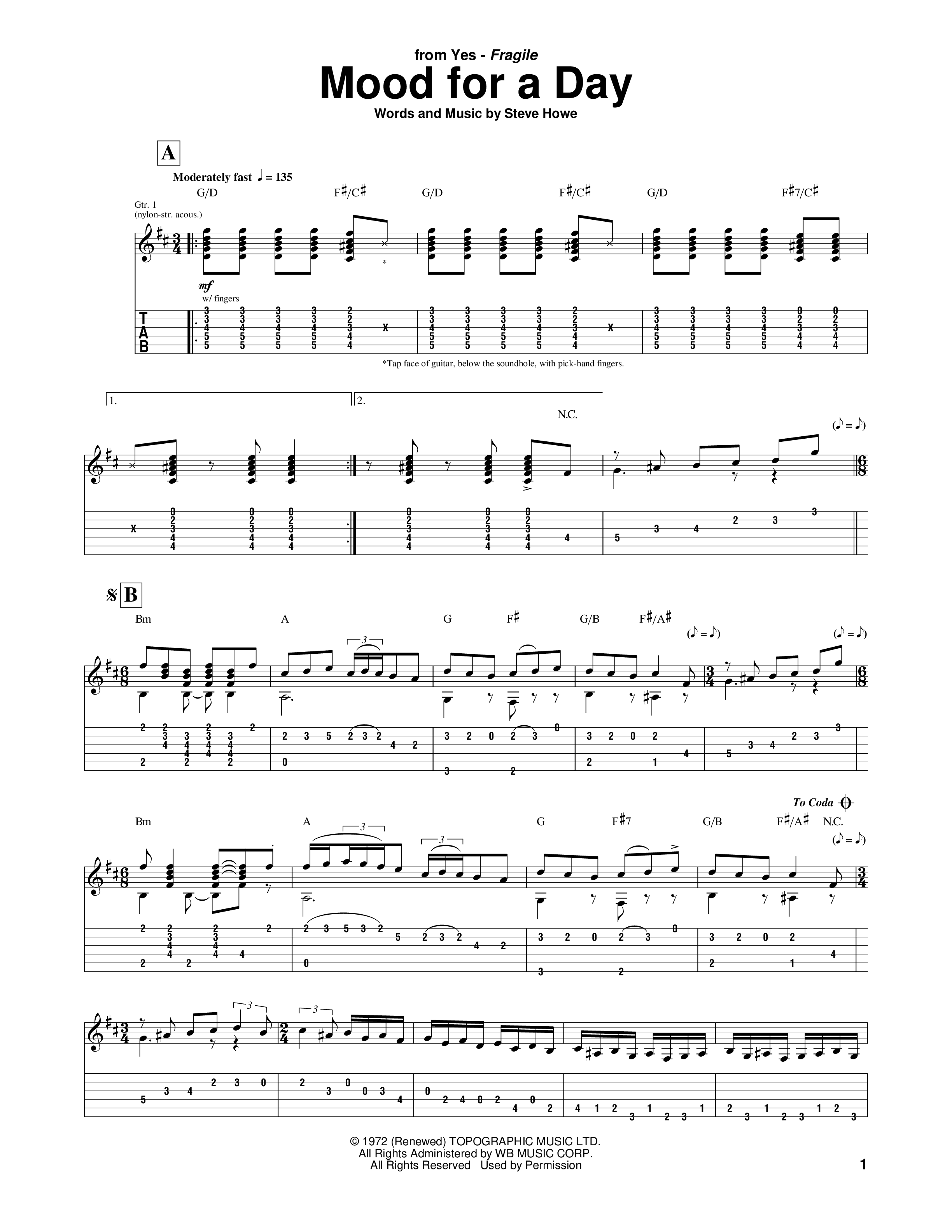 Play Official version of Mood for a day sheet music by Yes for Guitar ...