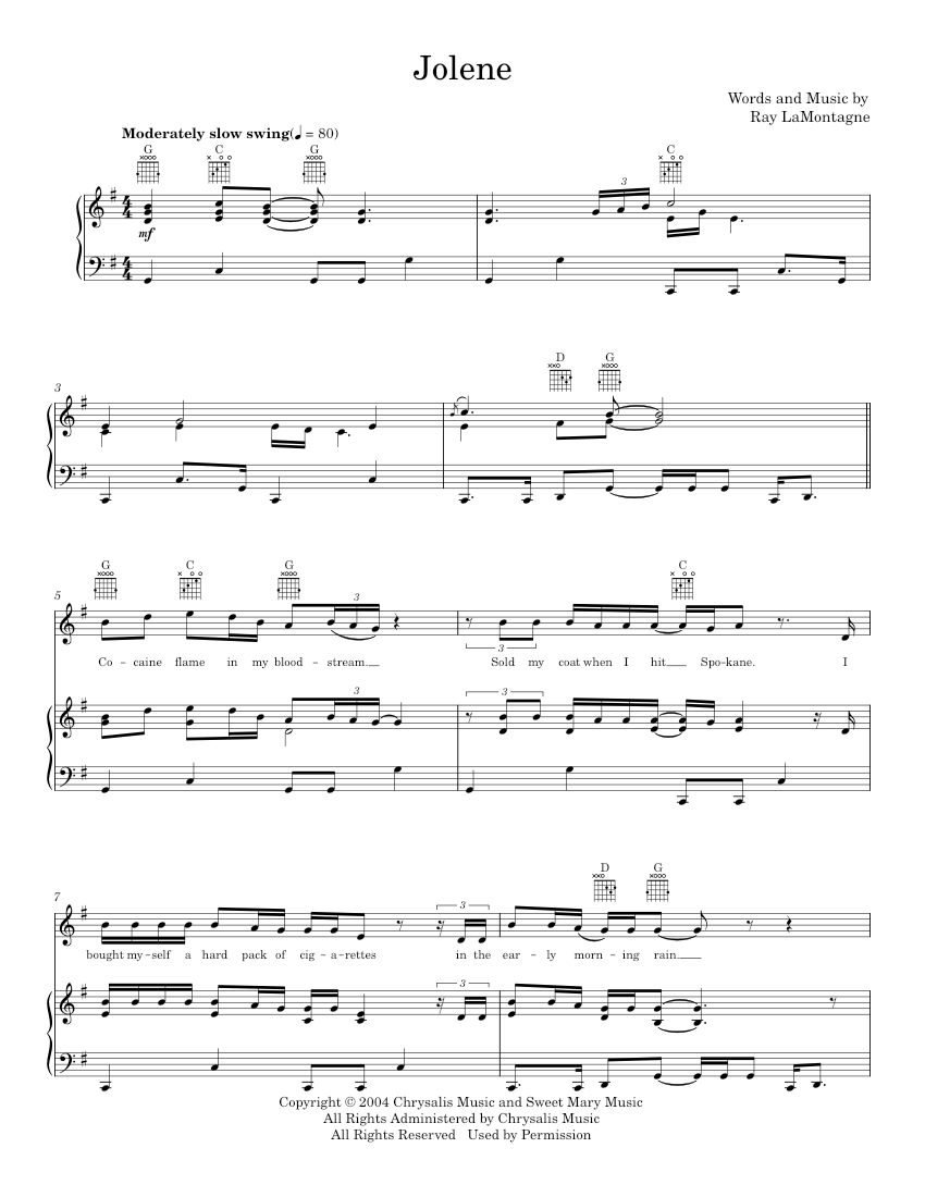 Jolene Sheet music for Piano, Vocals by Ray LaMontagne, Zac Brown Band ...