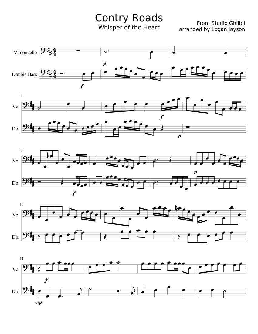 Country Roads From Whisper of the Heart for Cello and Double Bass Sheet ...