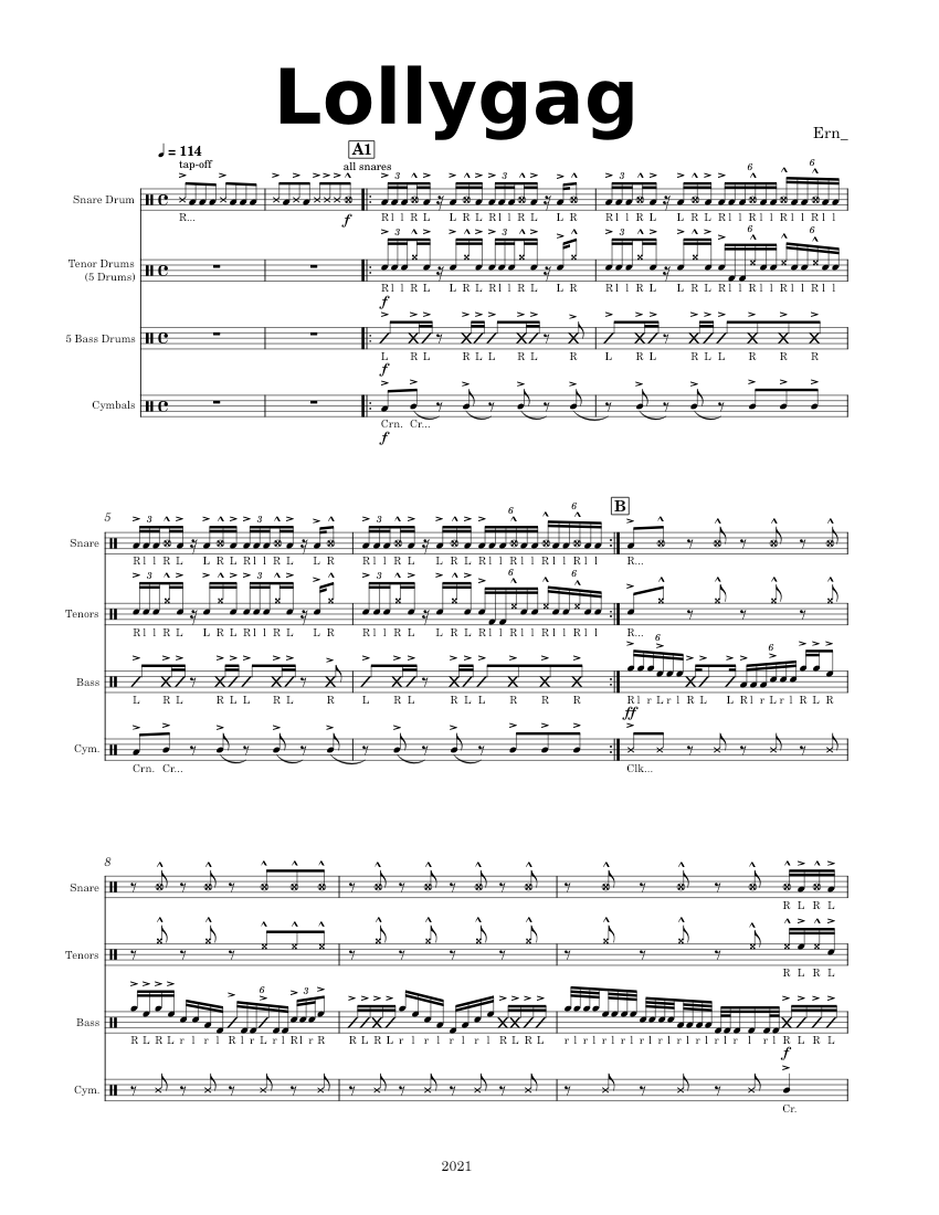 Lollygag - Drumline Cadence Sheet music for Snare drum, Crash, Tenor ...