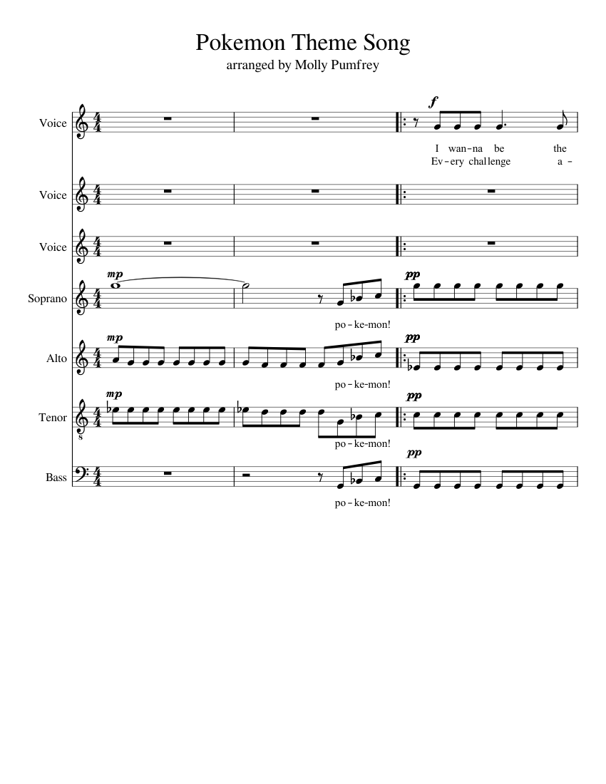 Pokemon Theme Song (Finally finished!!!) Sheet Music for Soprano, Alto ...