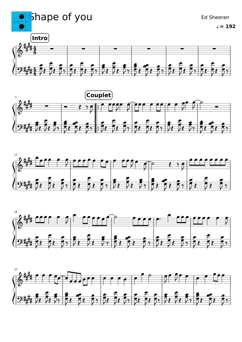 Ed Sheeran - Shape of you Sheet music for Piano (Solo) Easy | Musescore.com
