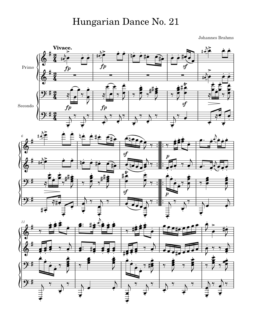 21 Hungarian Dances, WoO 1 – Johannes Brahms / No. 21 in E minor Sheet music for Piano (Piano ...