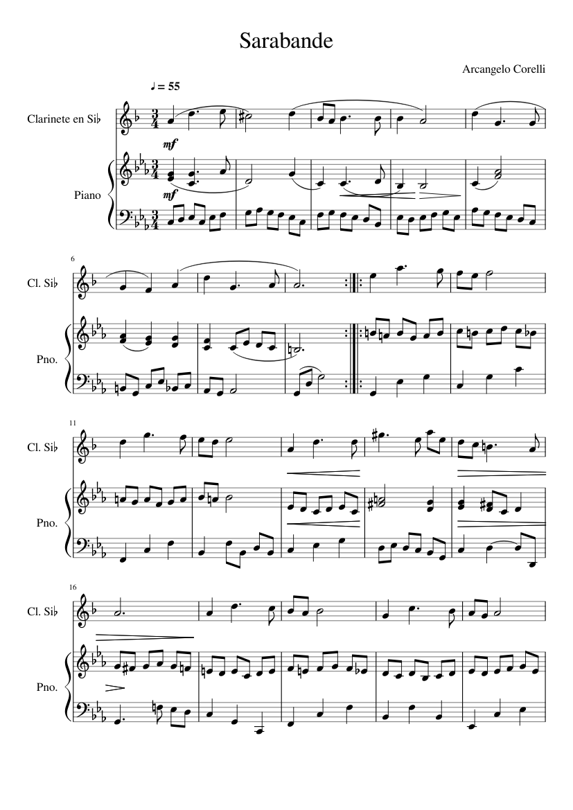 Sarabande - Arcangello Corelli (Duet Clarinet - Piano Sheet Music for ...