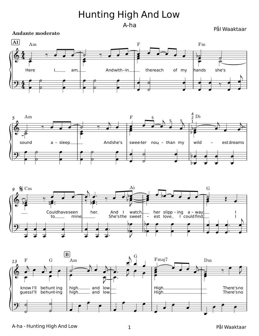 Hunting High and Low - Pentatonix Sheet Music with Chords for Piano ...
