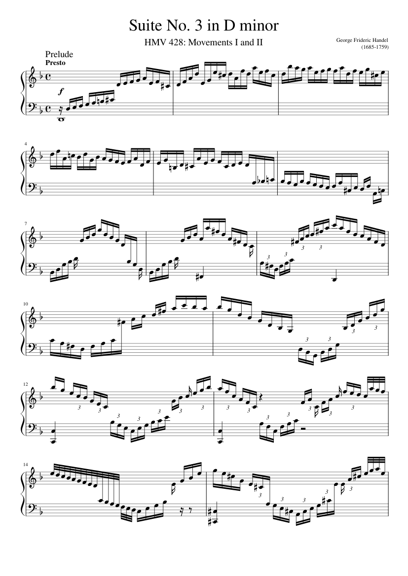 Handel - Suite No 3 in D Minor HMV 428: Movements I and II Sheet Music ...