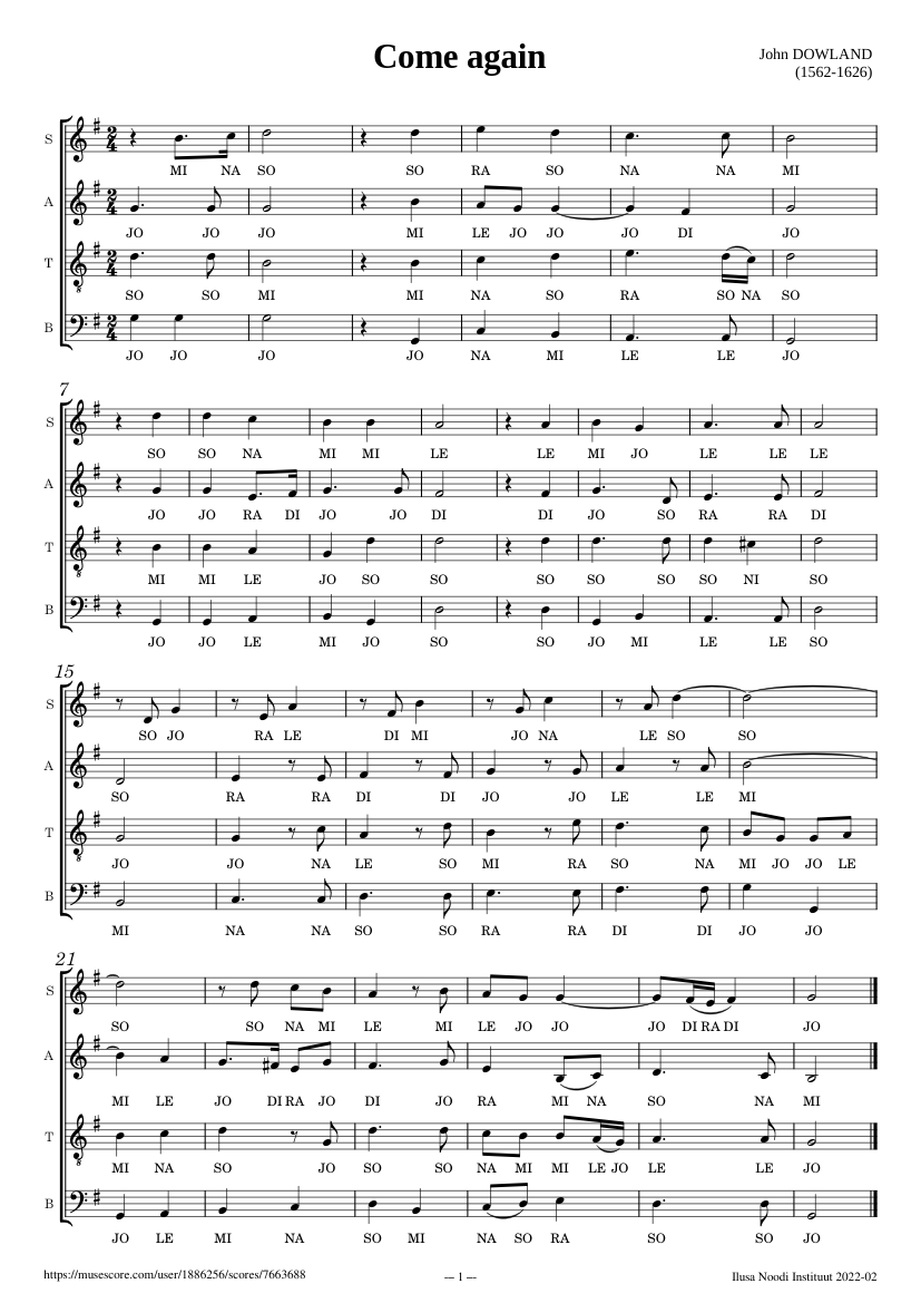 Come Again - Jo Le Mi – John Dowland Sheet music for Soprano, Alto ...