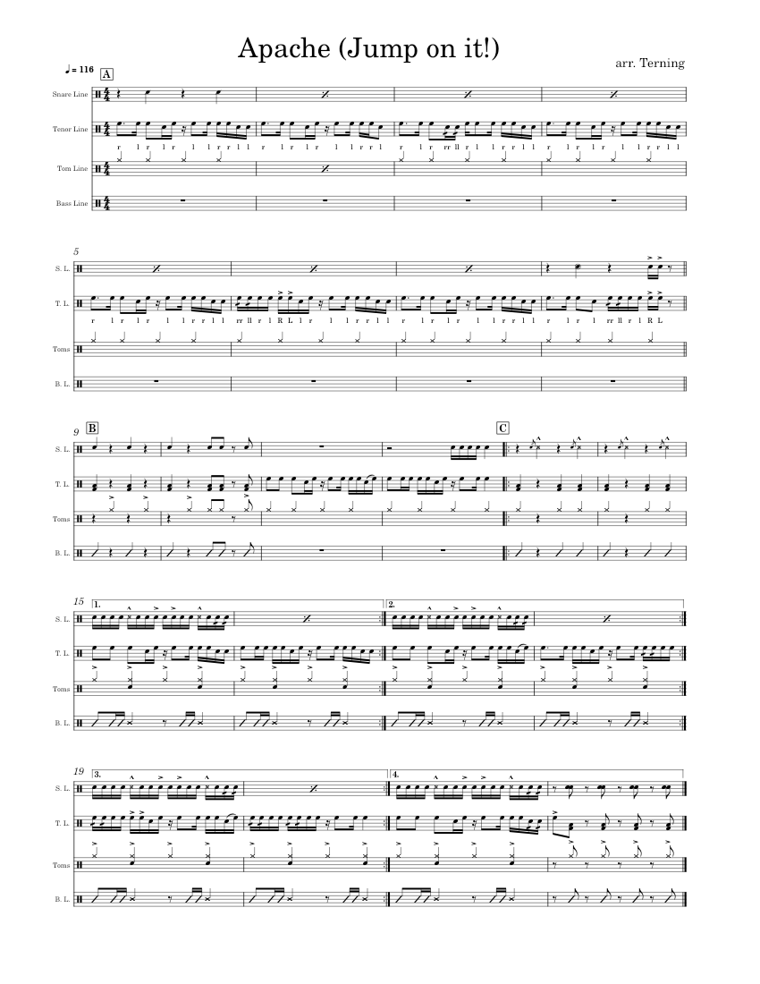 Apache Sheet Music for Snare drum, Tenor drum, Bass drum (Percussion ...