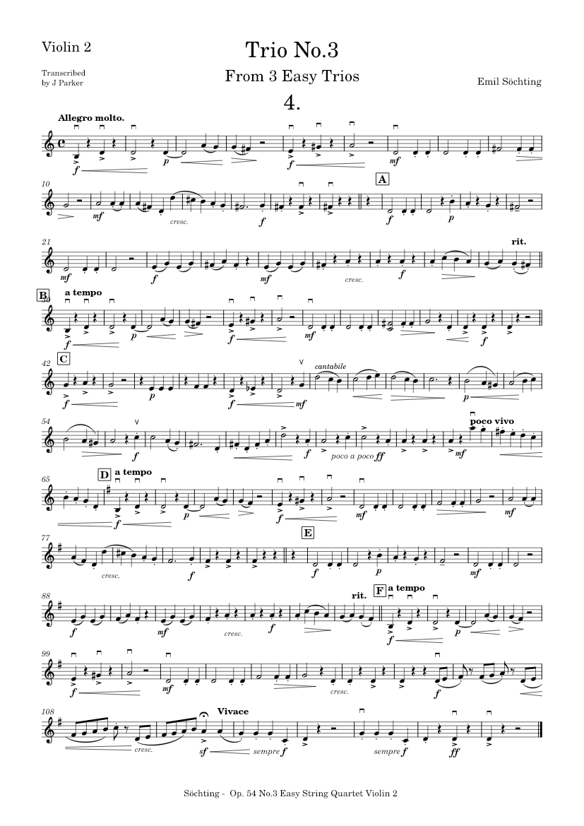 Easy Trios - Op.54, No. 3 arr String Quartet Mvt 4 – Emil Söchting Violin 2 PART Sheet music for ...